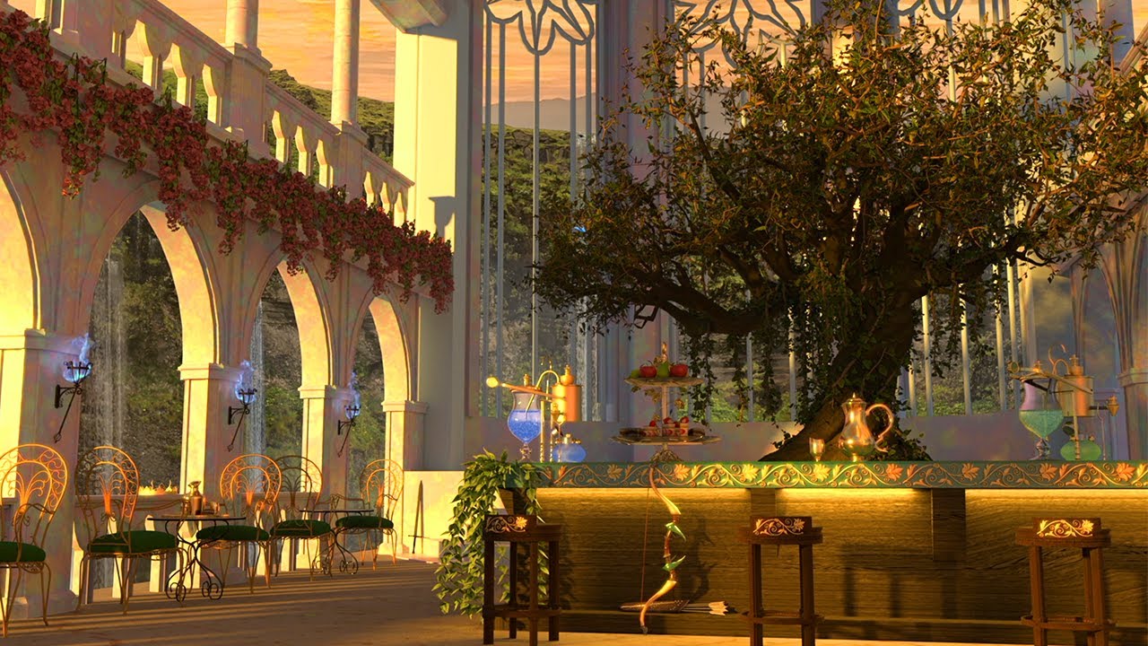 Elven Coffee Shop Ambience: Nature Sounds, Waterfalls, Torches, Fantasy ...