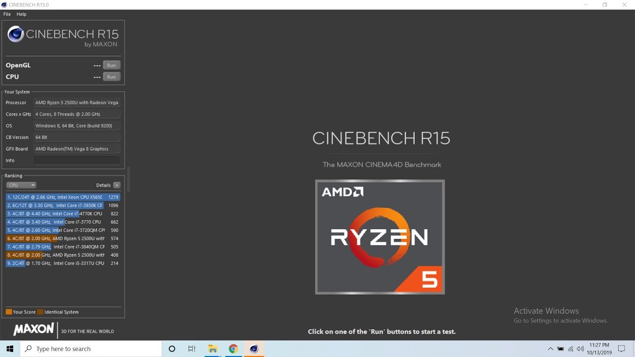 Cinebench 15 Ryzen™ 5 2500U CPU and OpenGL TEST - YouTube