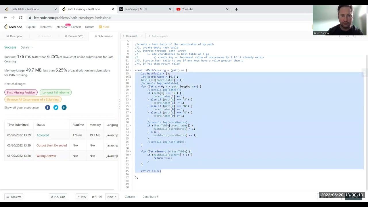1496 Path Crossing Javascript Time On Space On Leetcode Youtube