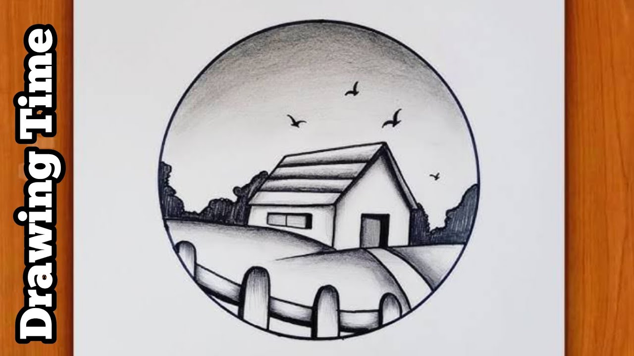 Step by Step House View Nature Drawing - How to Draw a Landscape in a ...