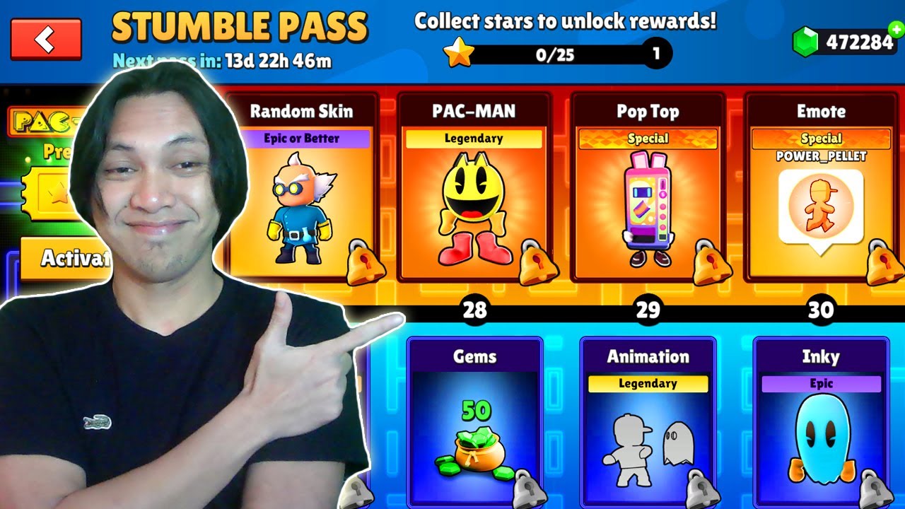 OPEN NEW STUMBLE PASS PACMAN!! NEW EMOTE SHIELD AT BLOCK DASH LEGENDARY ...