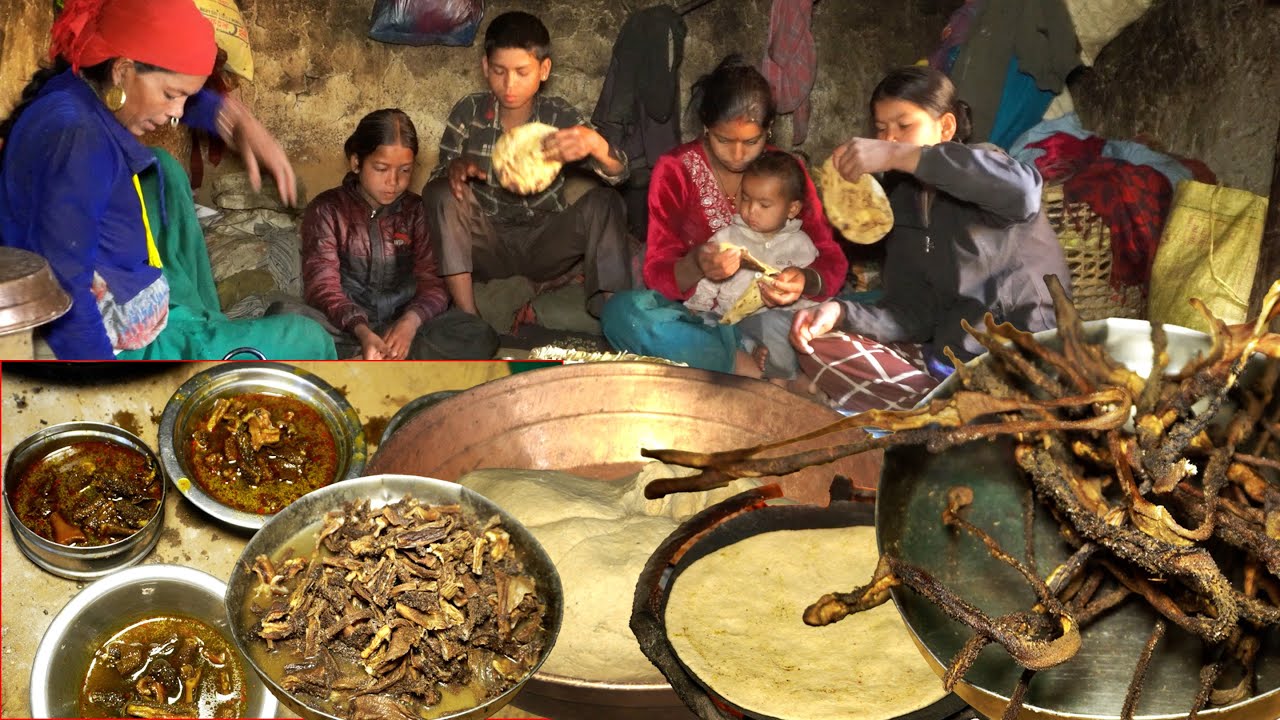 dharme brother's family cook buff dry intestine & bread || Rural Nepal ...