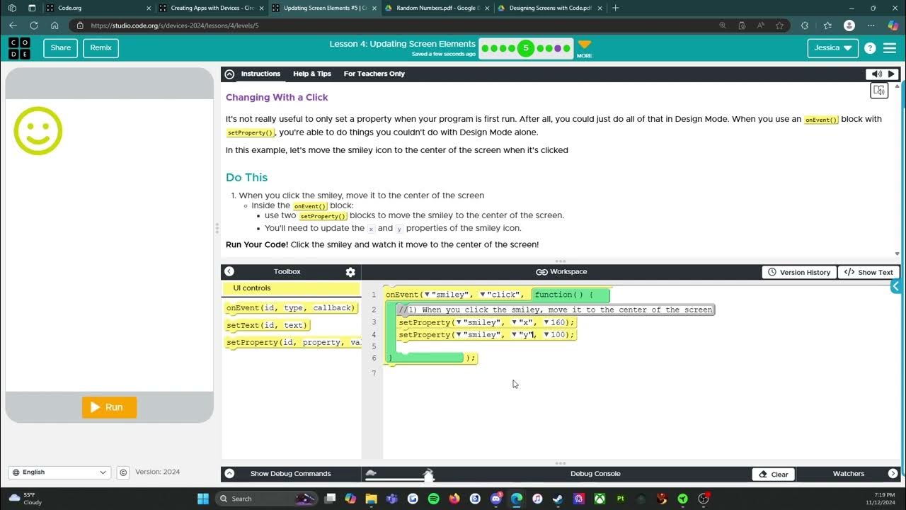 Code.org -Creating Apps with Devices - Circuit Playground:Lesson 4: Updating Screen Elements ...