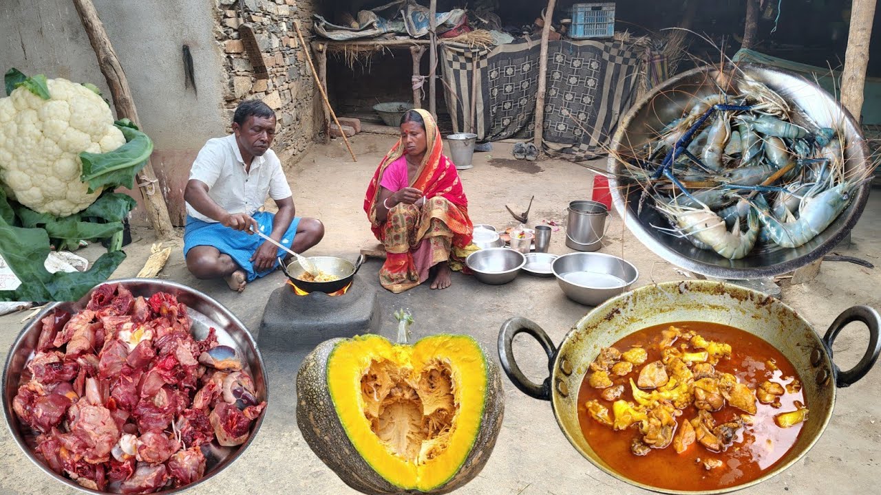 cooking and eating river PRAWN FISH curry with pumpkin and chicken ...