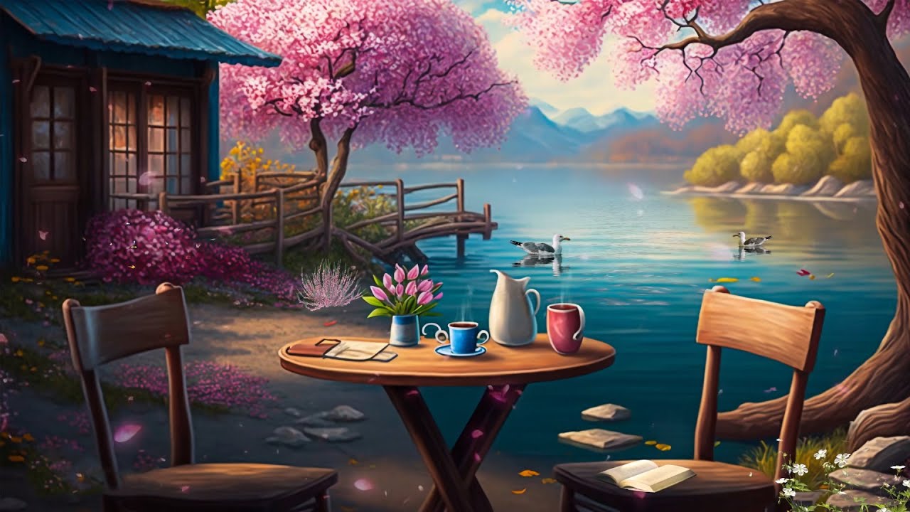 Cherry Blossoms Forest Ambience on Spring by the Lake with Lake Water ...