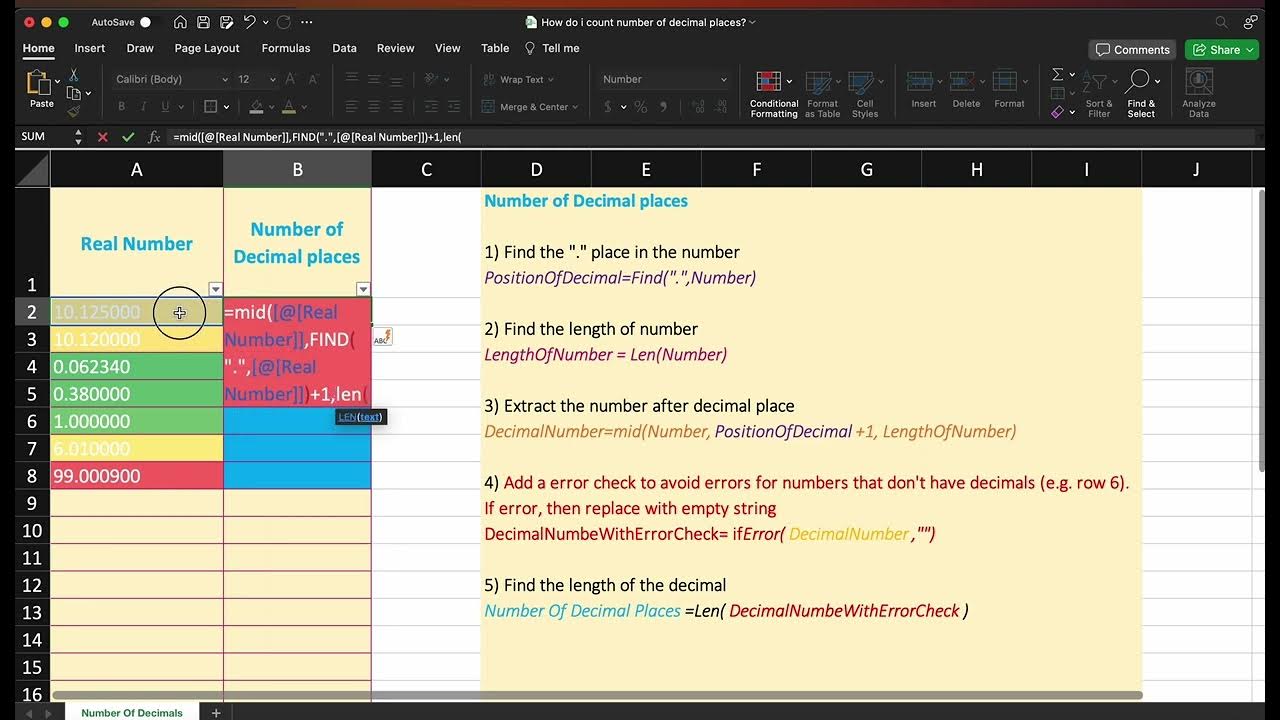 How do I count number of decimal places in excel? - YouTube