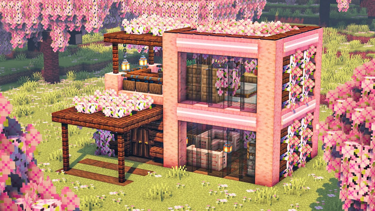 Minecraft! How to build a Modern Barbie Style Cherry Blossom Survival ...