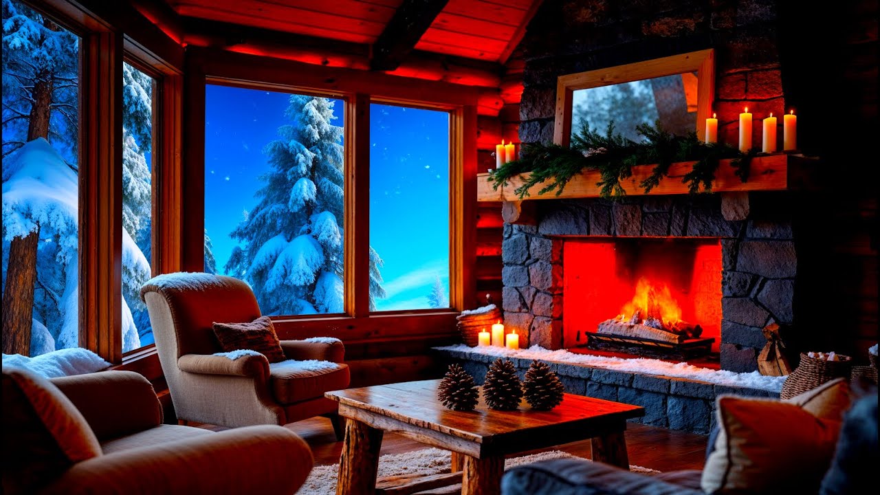 ️ Winter Ambience Fireplace - Snow Fireplace Relaxing Music for Stress ...