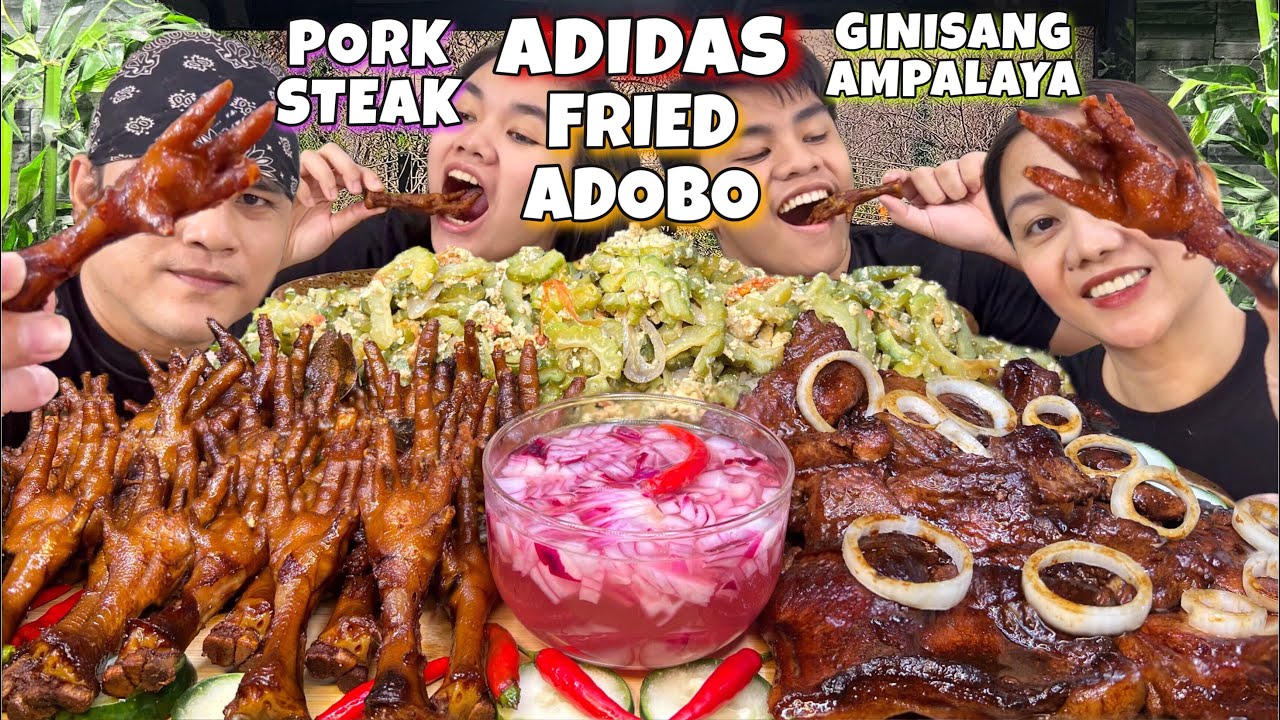 ADIDAS FRIED ADOBO ( Chicken feet ) at PORK STEAK or BISTEK MUKBANG ...