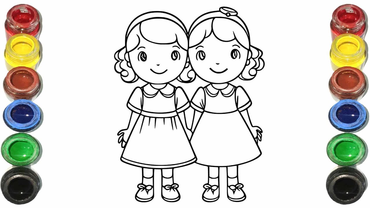 Cute Twins Sister Drawing for kids, Painting & Coloring for kids ...