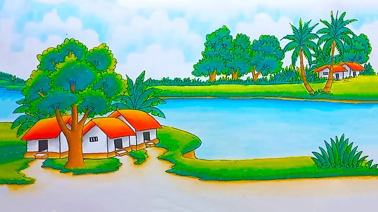 How to draw village house scenery/village scenery painting easy oil ...