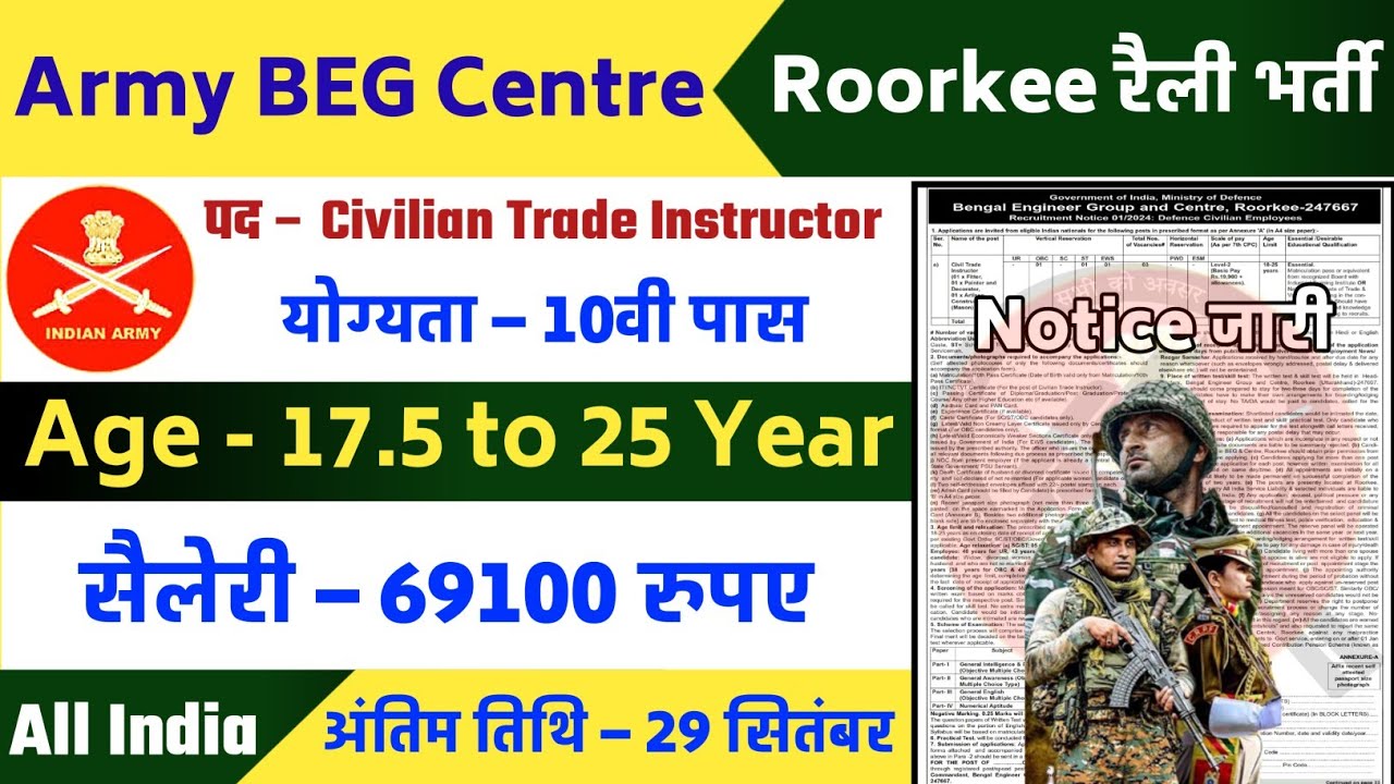 Army BEG Centre Roorkee Recruitment 2024 | Notification Out | Army BEG ...