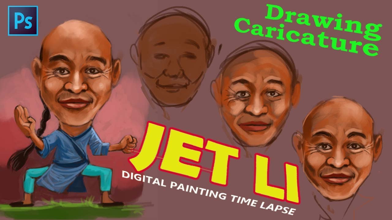 Jet Li - digital caricature drawing time lapse - YouTube