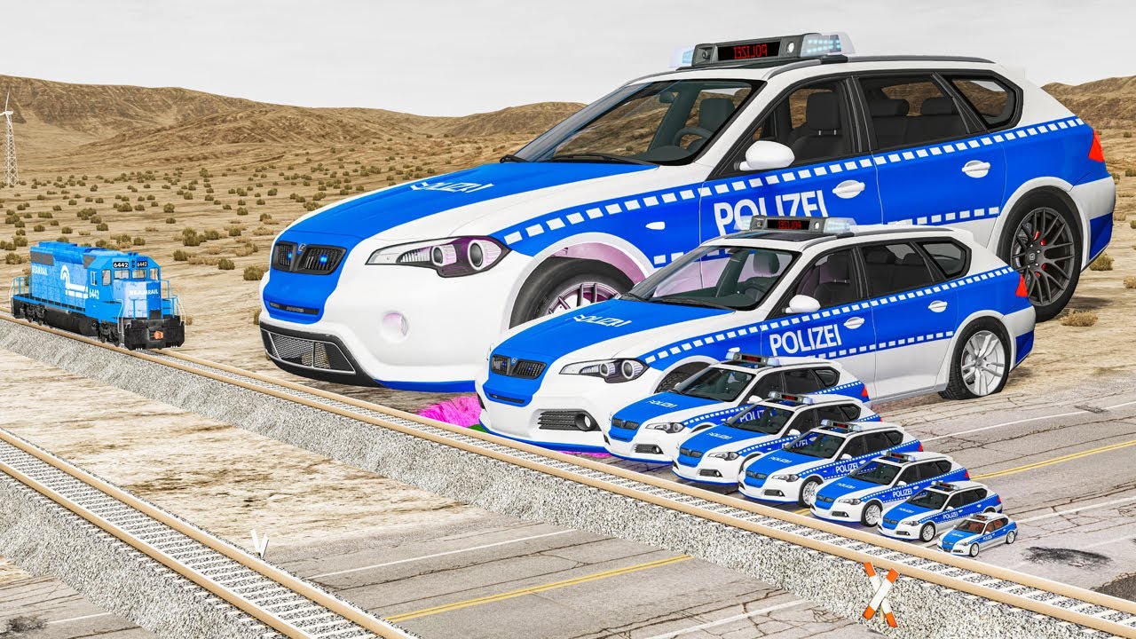 Big & Small Police Cars vs Train & Rails - Small to Big Police Car vs ...