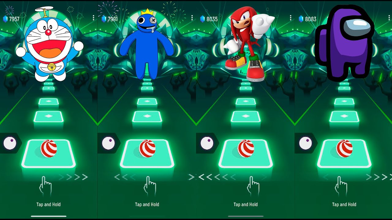 Doraemon vs Rainbow Friends Blue vs Knuckles vs Among Us | Tiles Hop ...
