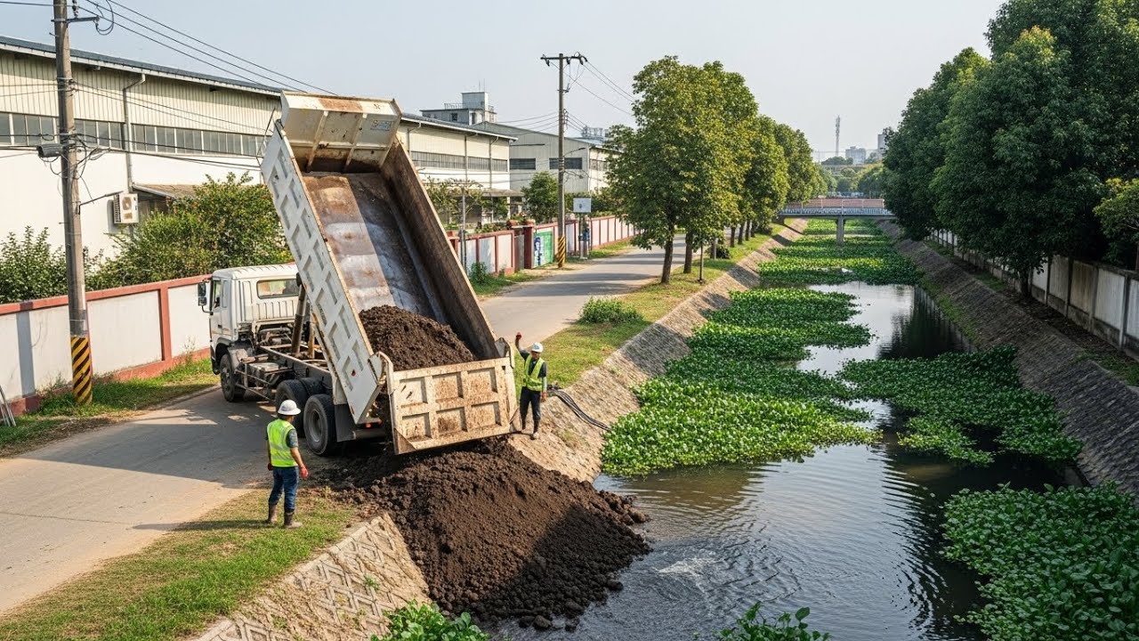 Canal Reinforcement Project | Dump Truck Strengthening Riverbank and ...