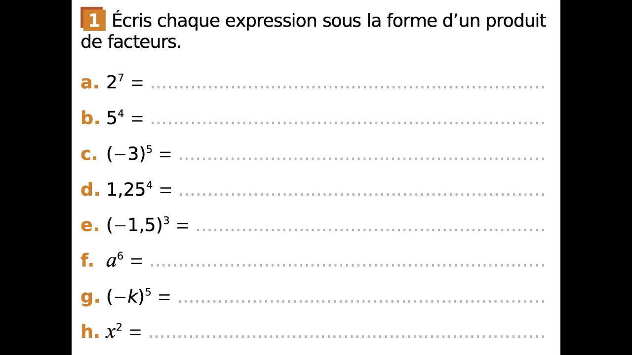 4ème Puissances d’exposant positif, Exercices 1 et 2 : La base des ...