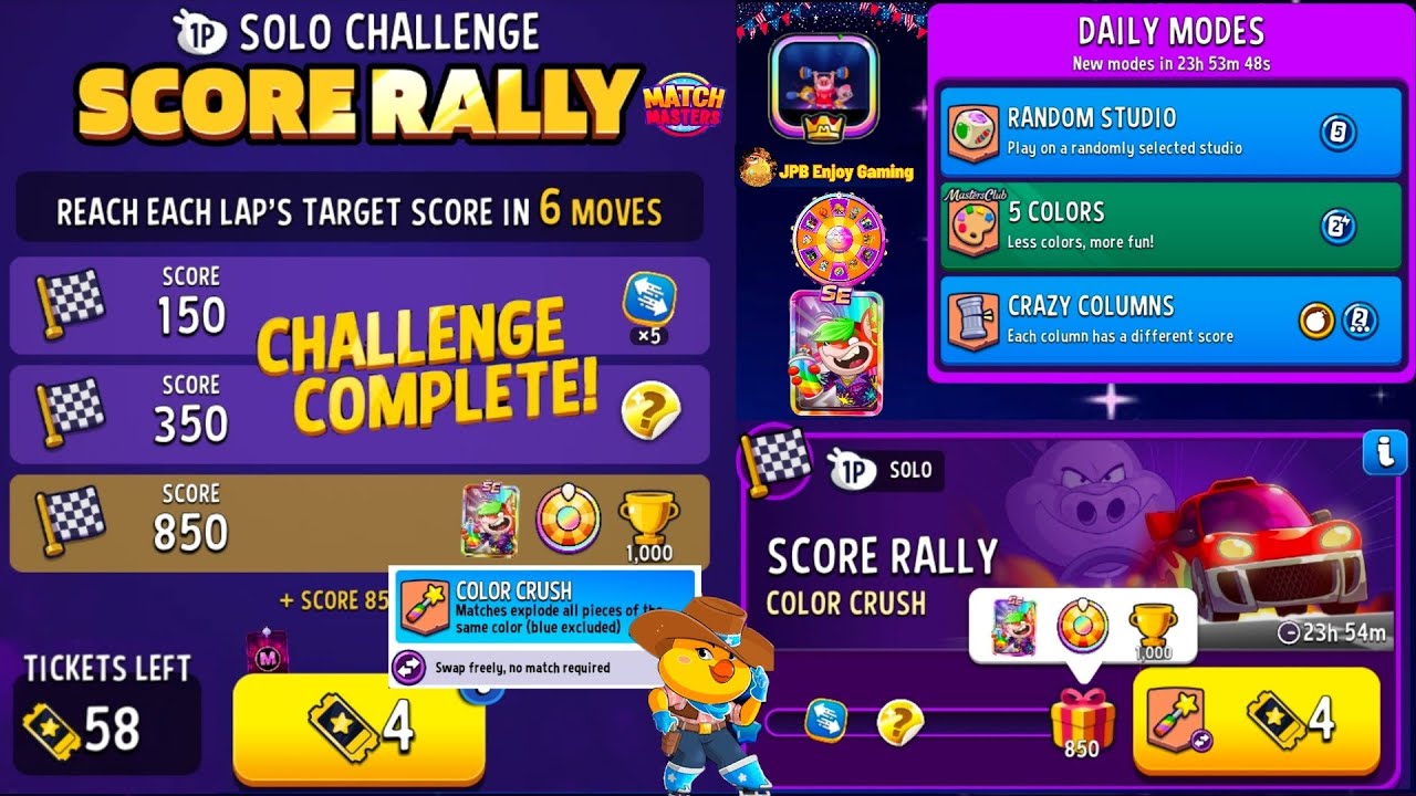 Solo Challenge Score Rally 6 move Color Crush+ANY MOVE 850 Score/Crazy ...