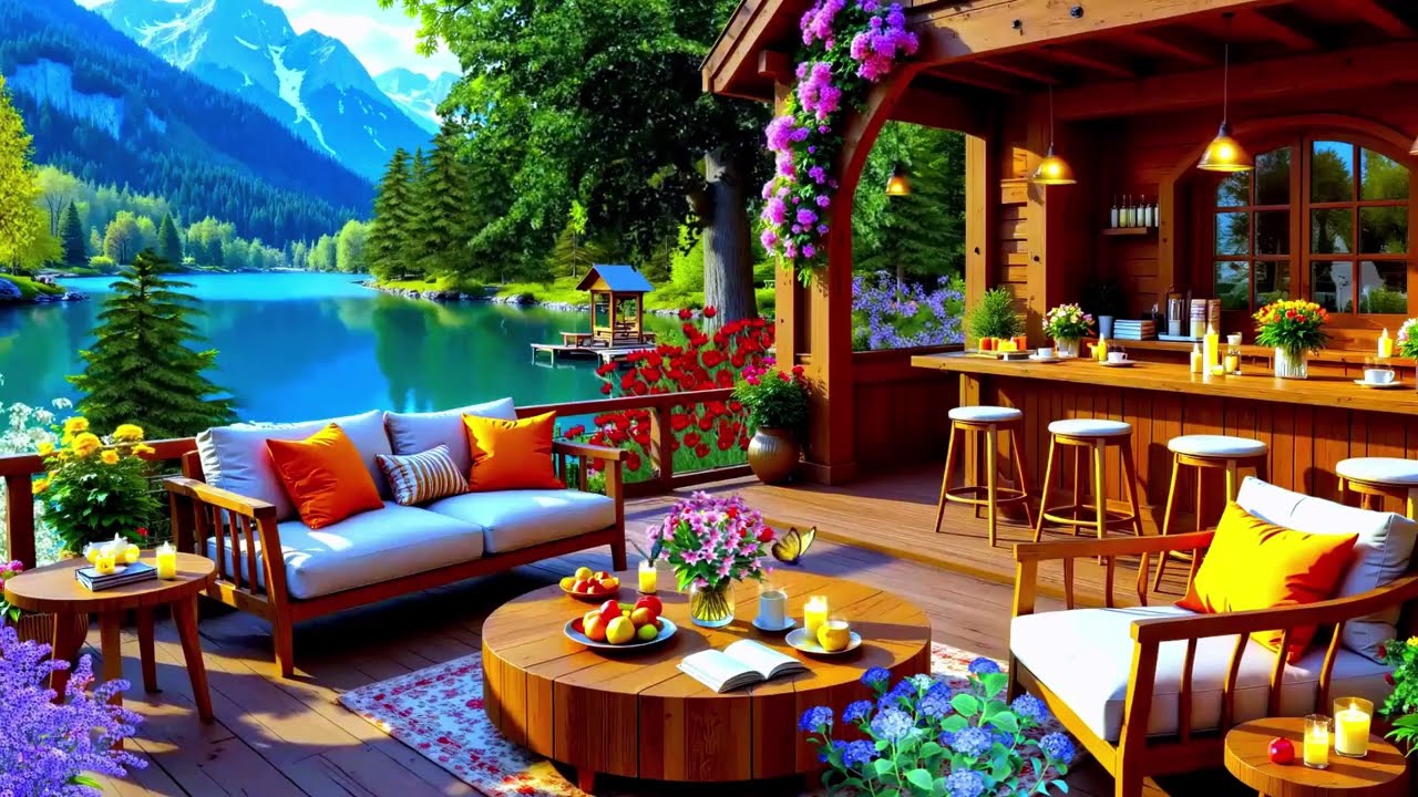 Cozy Lakeside Summer Café Ambience | Morning Jazz Music, Nature Sounds ...