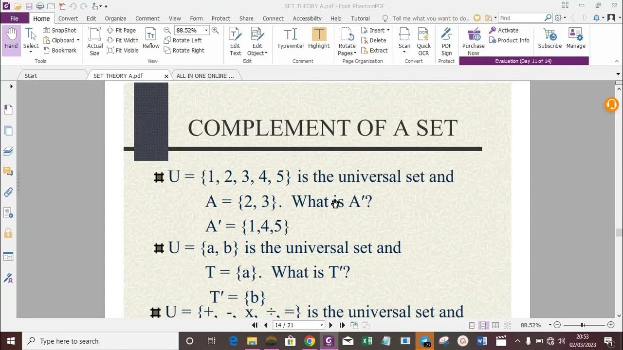 COMPLEMENT, UNION AND INTERSECTION OF SETS - YouTube