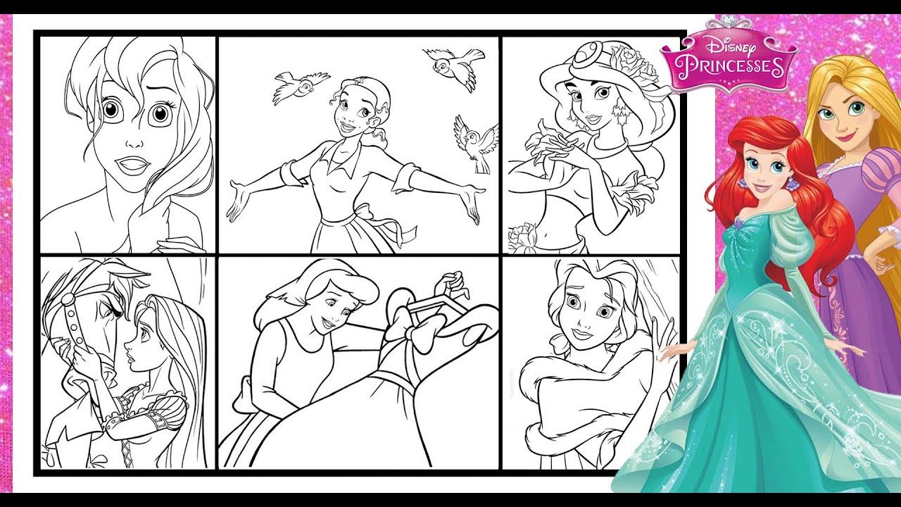 Disney PRINCESS Coloring Page All Together BELLE ARIEL CINDERELLA TIANA ...