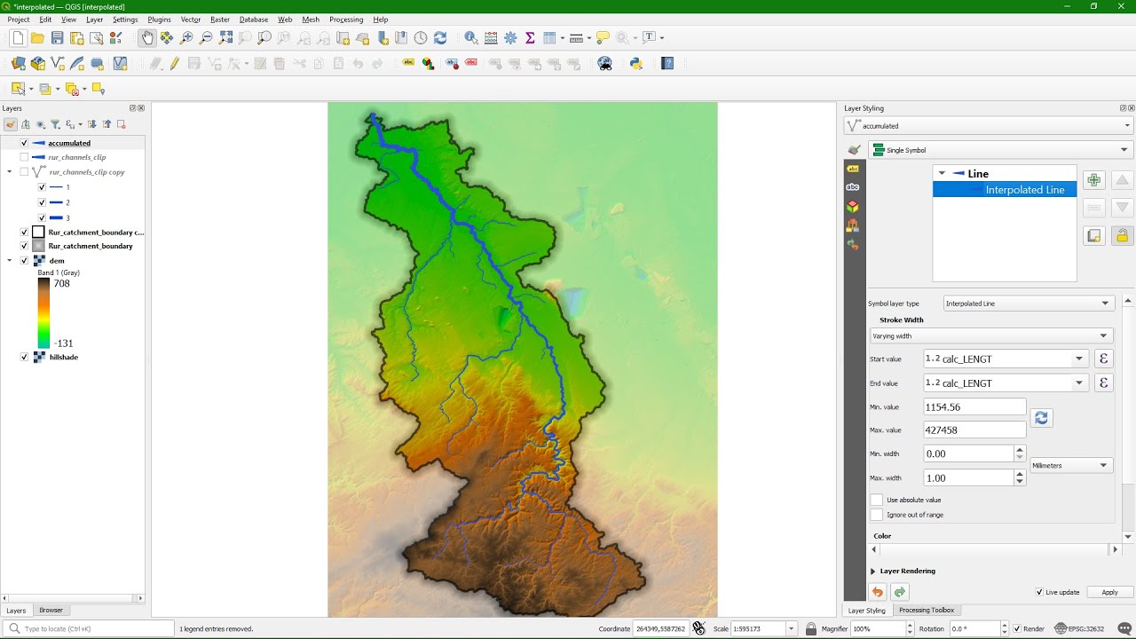 Style rivers using the interpolated line symbol layer type in QGIS ...