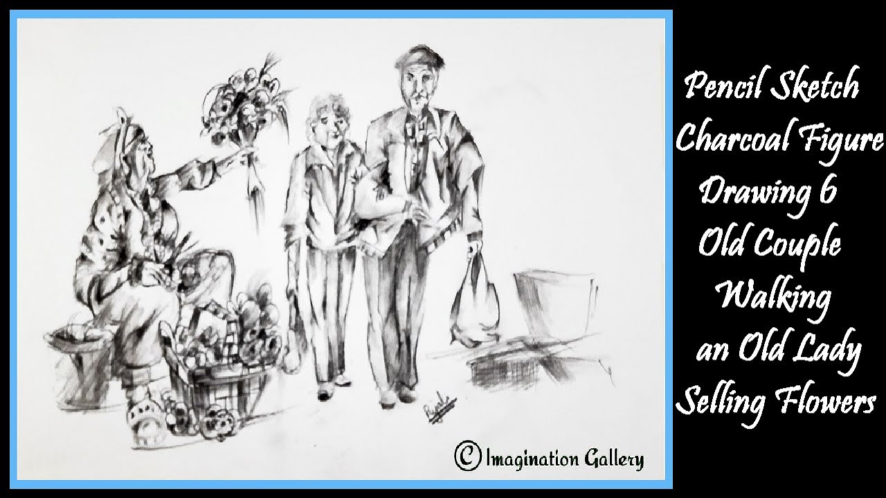 Pencil Sketch Charcoal Figure Drawing 6 Old Couple Walking an Old Lady ...