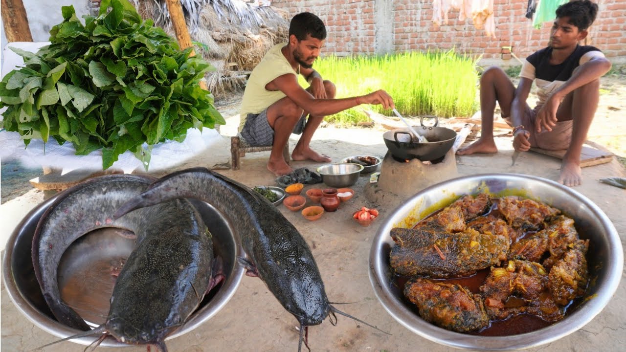 देसी मांगुर मछली और साग भाजी बनाने का विधि देहाती स्टाइल में /desi ...