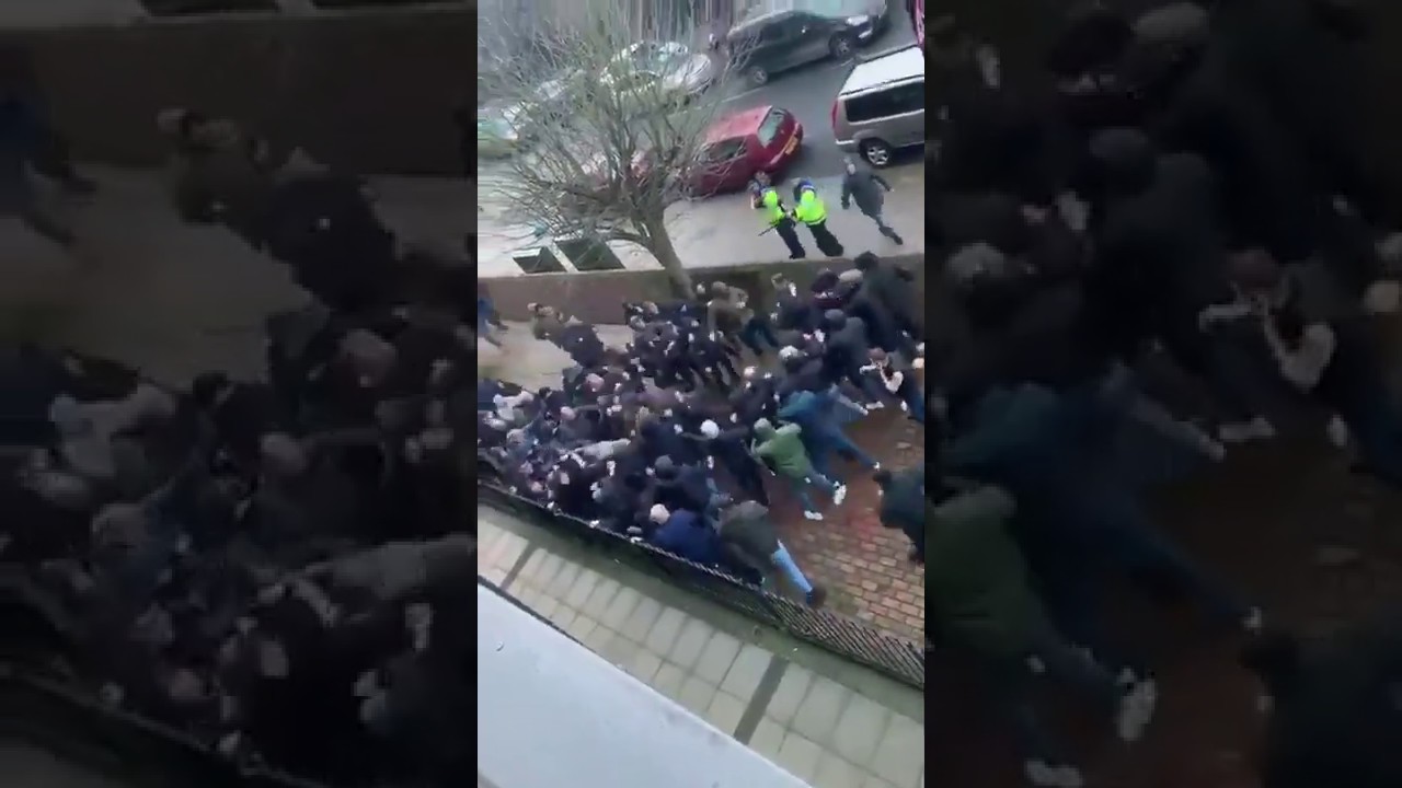 Millwall vs Everton fans, mass brawl football hooligan fight - YouTube