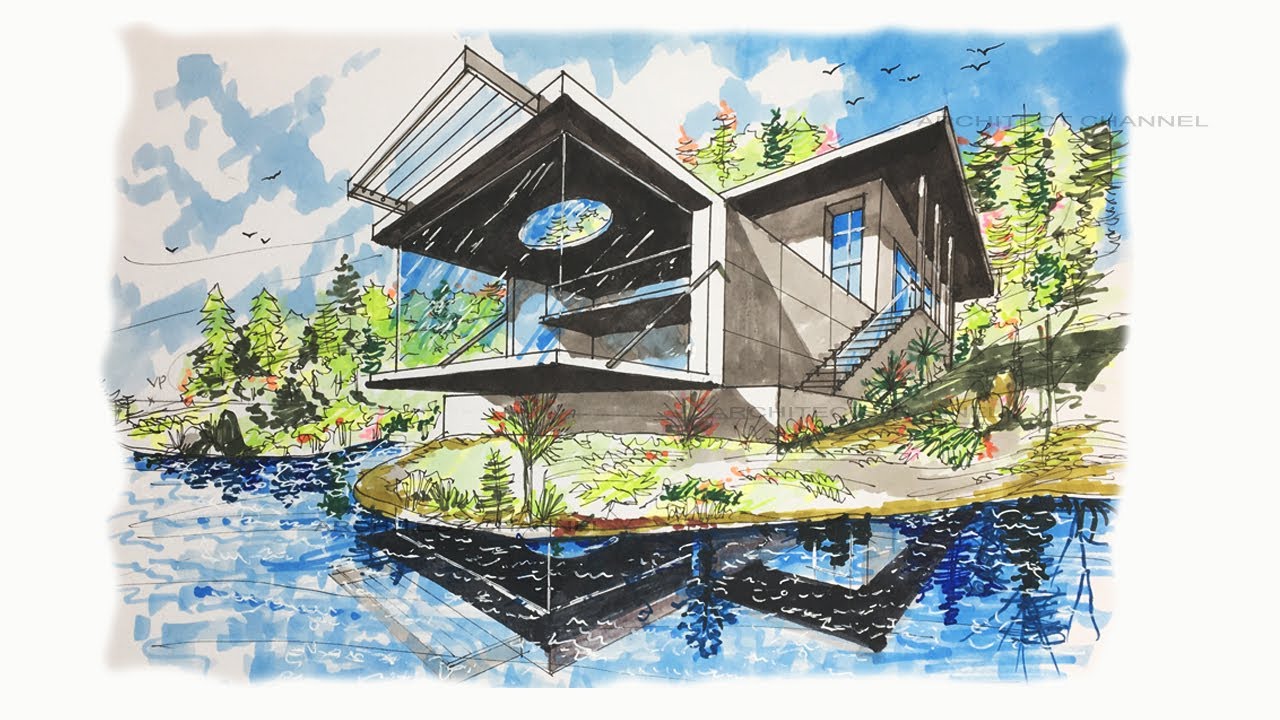 HOW TO DRAW 2 POINT PERSPECTIVE OF A MODERN HOUSE ON A LAKE. - YouTube