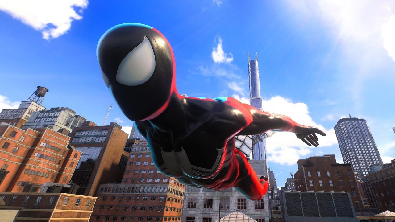 Jumping off of the Avengers tower with the classic black suit in Marvel ...