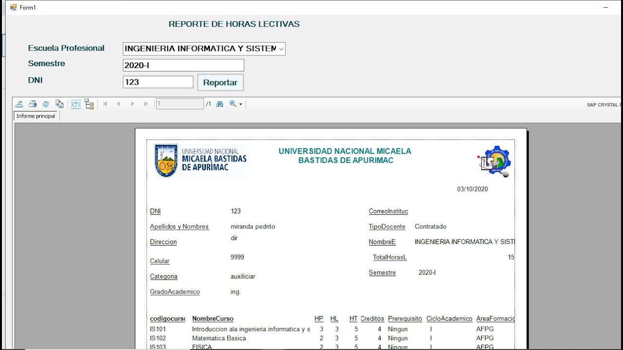 REPORTES CON CRYSTAL REPORT Y VISUAL STUDIO, CARGA ACADEMICA DOCENTE Y ...