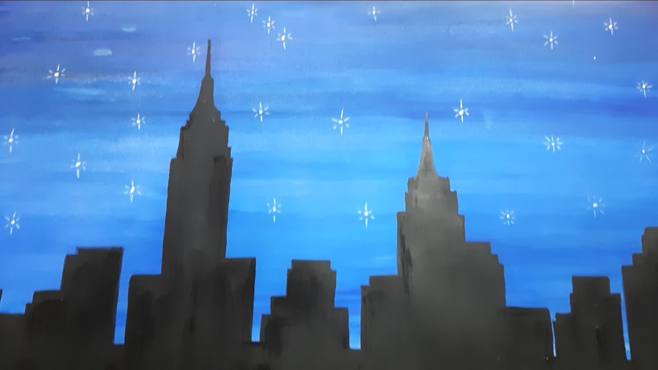 Easy step by step night city skyline painting | Skyline silhouette ...