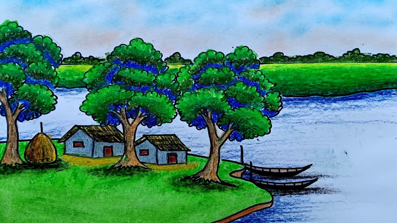 comely natural village river side scenery drawing tutorial for ...