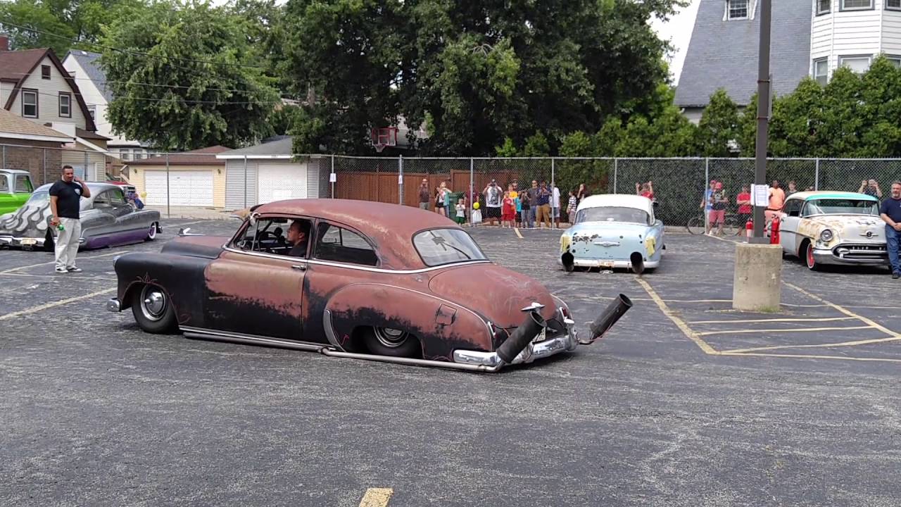 Flame throwing exhaust on rat rod - YouTube