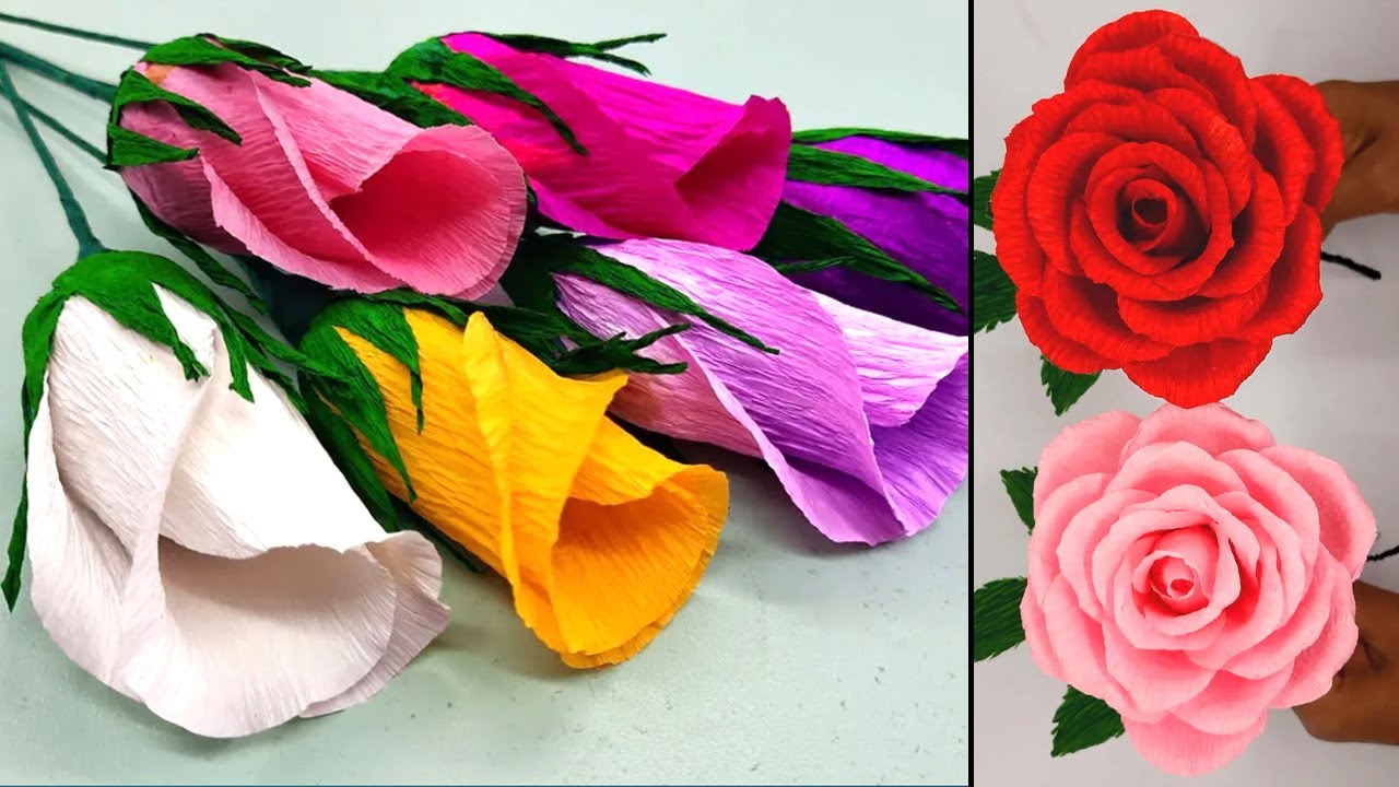 2 DIY Roses | How to make Realistic Easy Crepe paper Roses | Rose ...