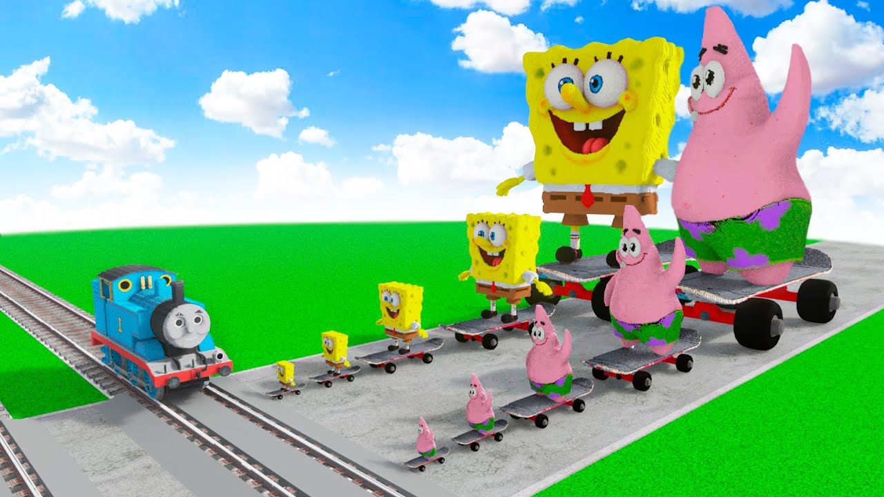 Big & Small SpongeBob on Skateboard vs Big & Small Patrick on Skateboard vs Train in Teardown ...