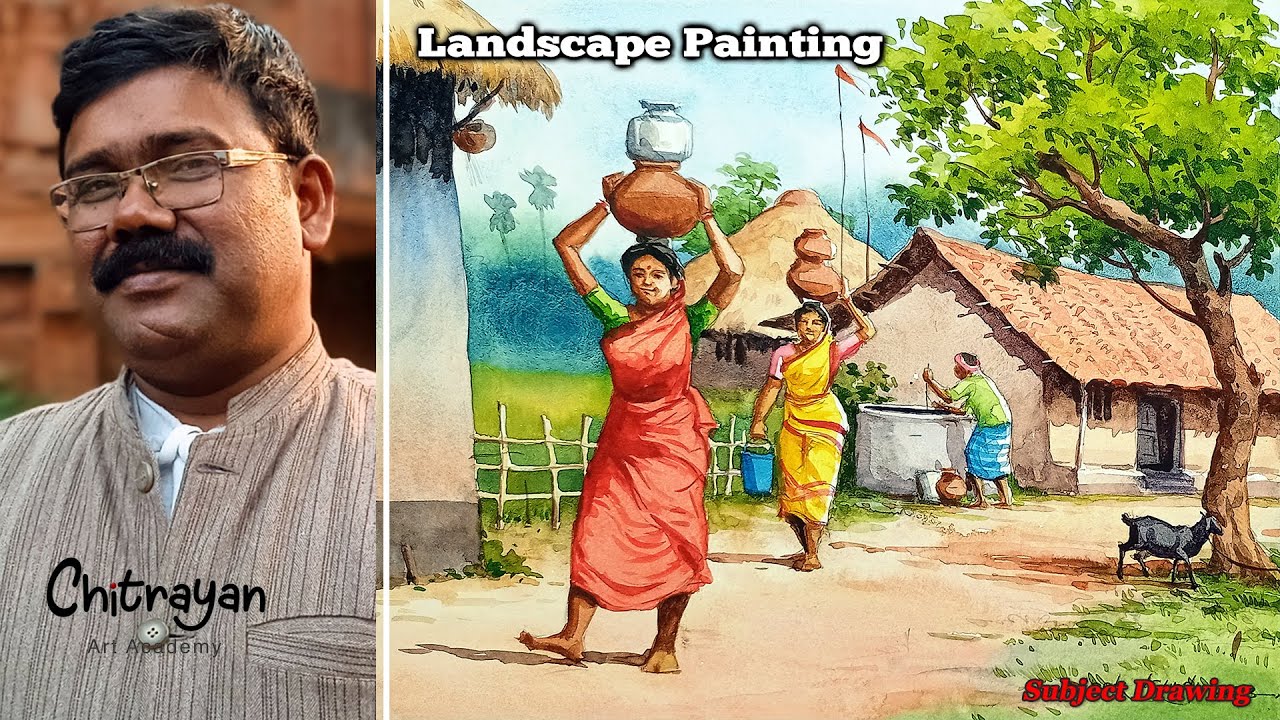 | Village Scenery Drawing Watercolor | Village Scenery Drawing | How To ...