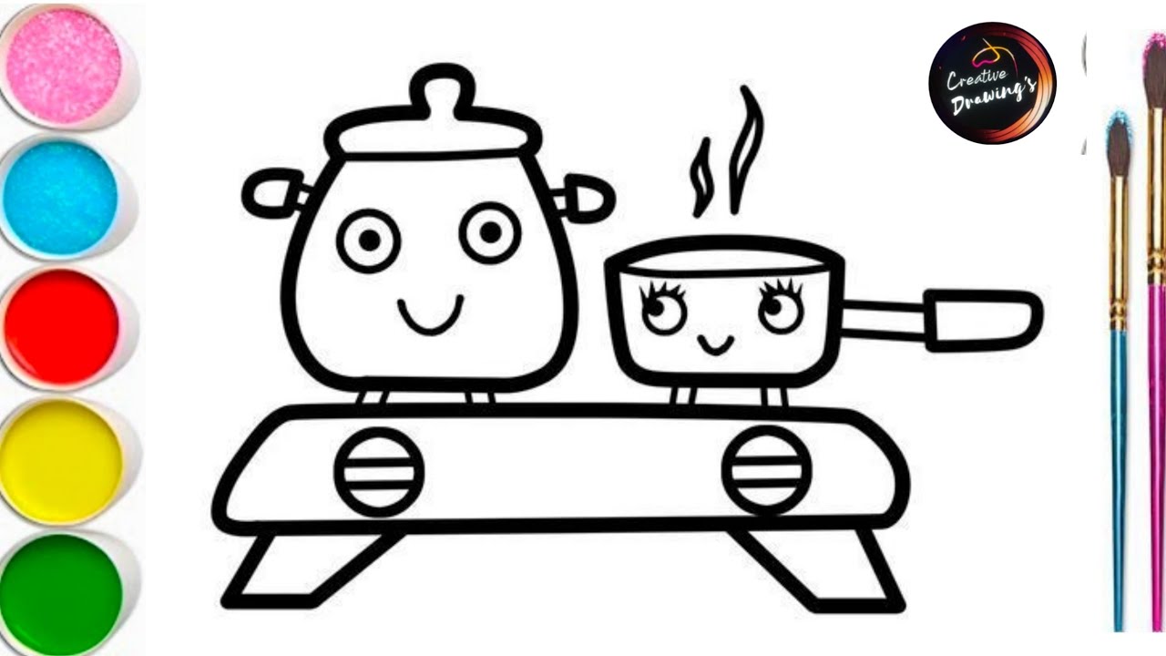 How To Draw Gass Stove And Pot ll easy & simple drawing & color for ...