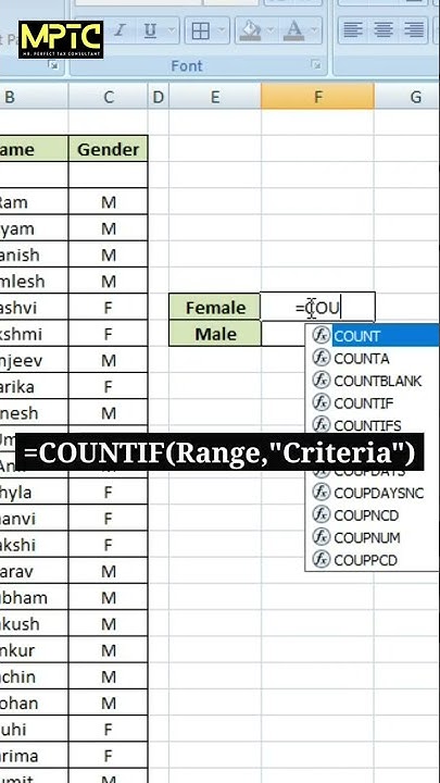 Find Male & Female on Excel | Excel Tips & Tricks | Countif Excel Formula | MPTC | Shorts ...