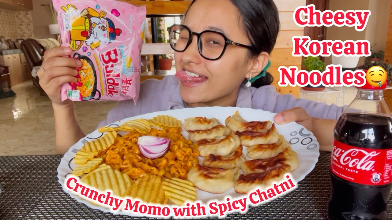 Cheesy Korean Noodles, Crunchy Momo, Chips & Coke Mukbang - YouTube