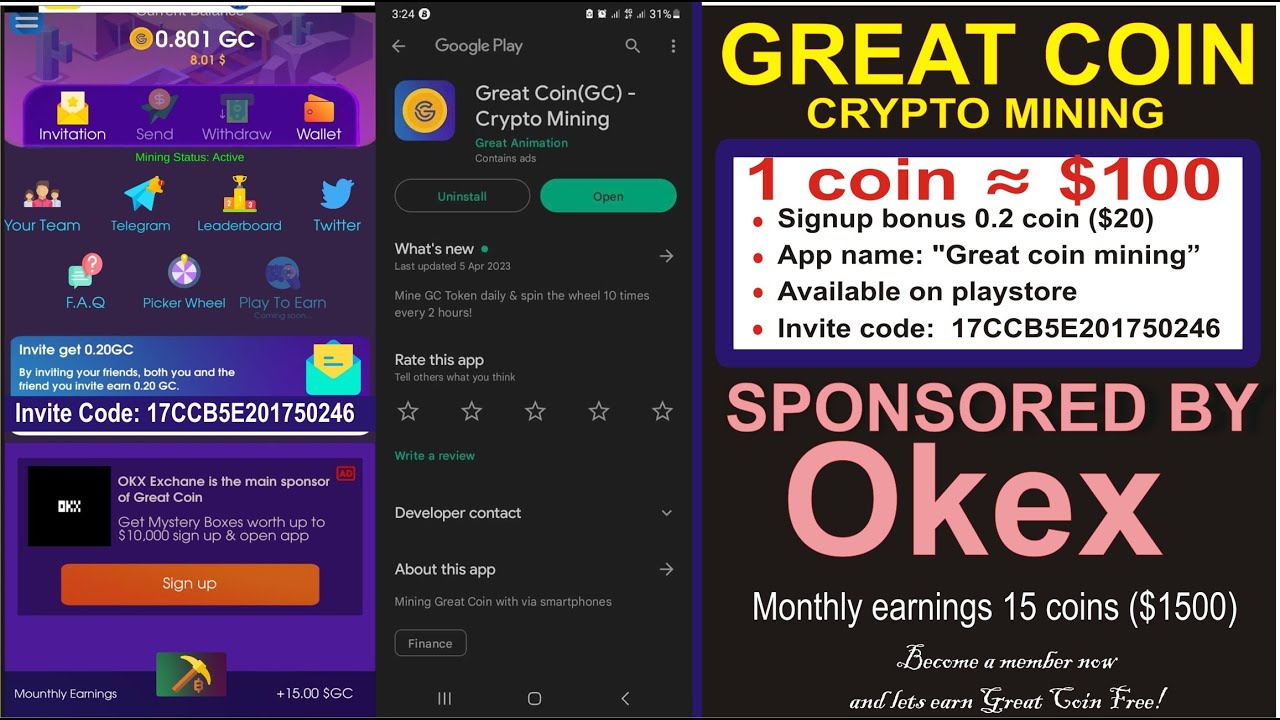 GREAT COIN MINING || 1 GC ~ $100 - $500 || JOINING BONUS 0.05 GC ...