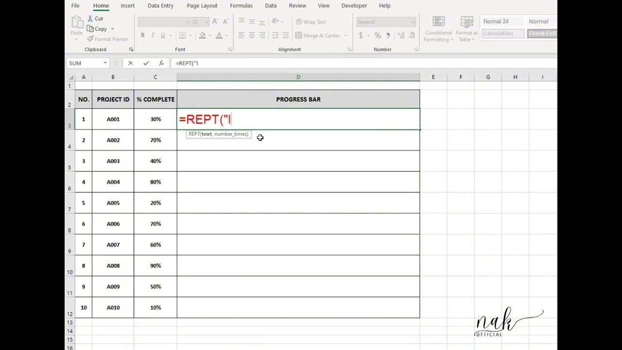 Set up Progress Bar Line by REPT function in excel - YouTube