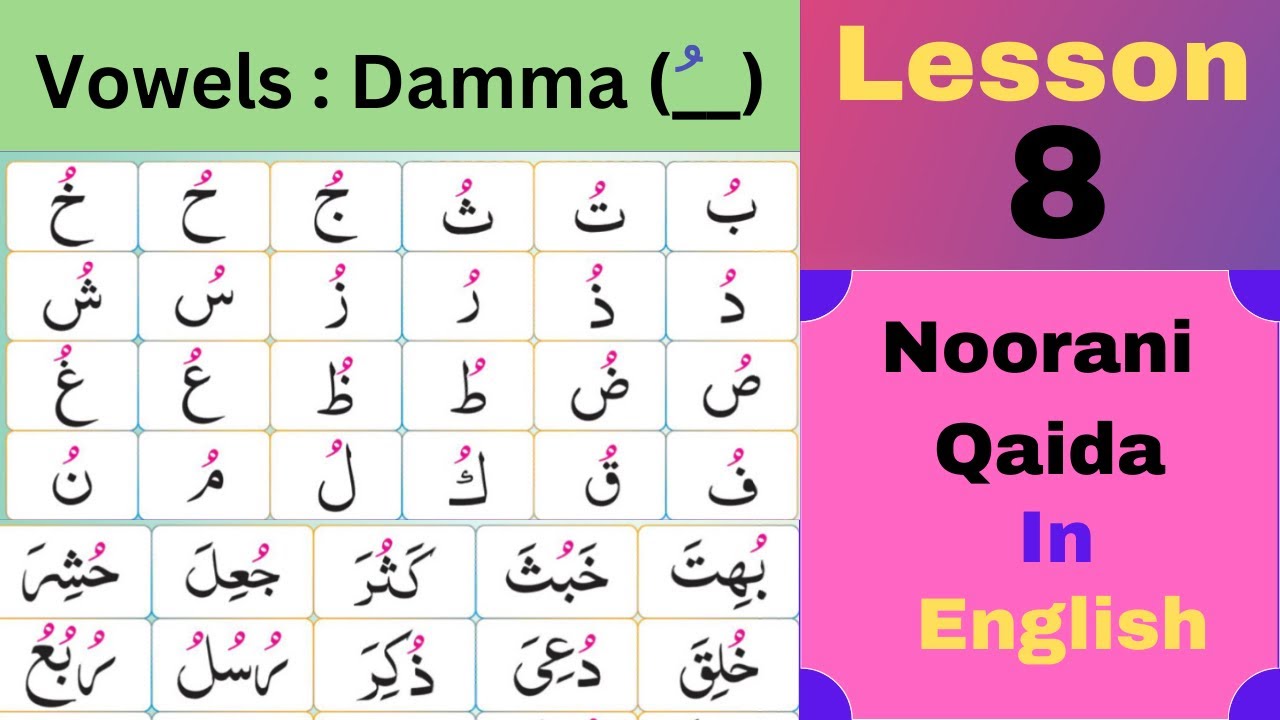 Noorani Qaida in English Lesson 8, Vowels: Damma ( ُ ), Alif, Baa,Taa ...