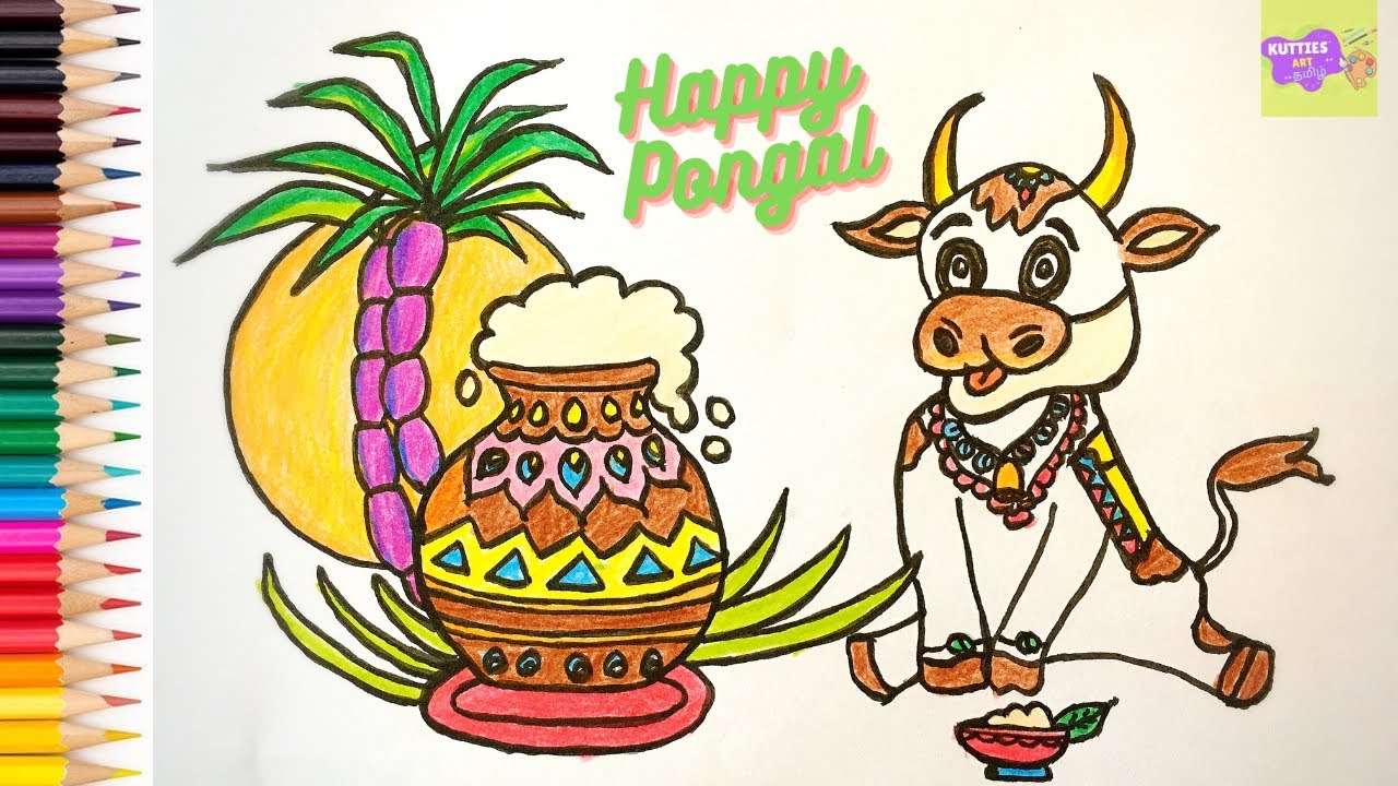 Pongal drawing வரையலாம்/ pongal festival drawing for kids with step by ...