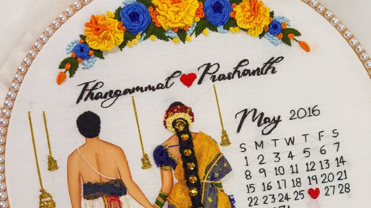 How to make a Brahmin Wedding Calendar Hoop Art using Hand Embroidery ...