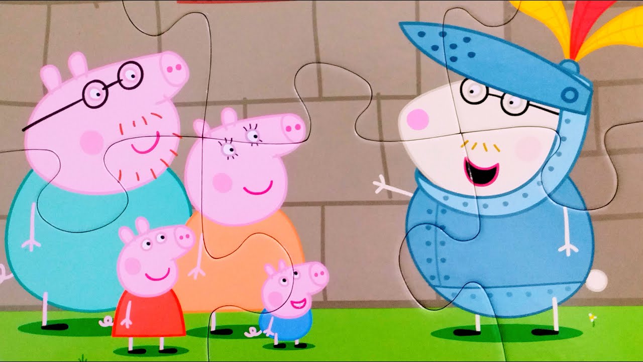 The peppa pig family is watching Daddy rabbit in knight armor.|Let's ...
