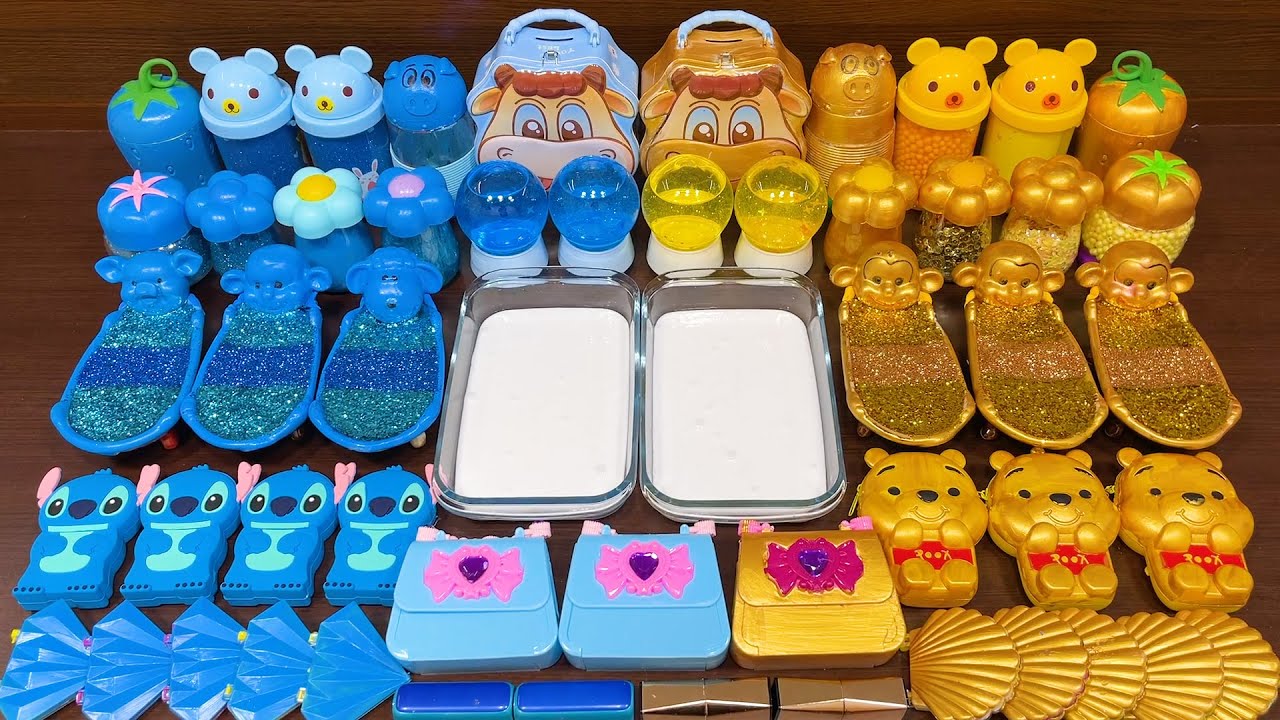 GOLD vs BLUE ! Mixing Makeup, Glitter and More into GLOSSY Slime ...