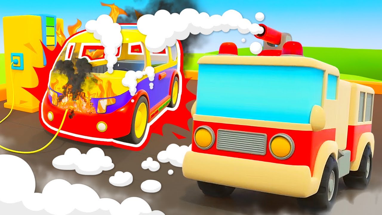 The electric car caught fire during ignition and the fire truck rushes ...