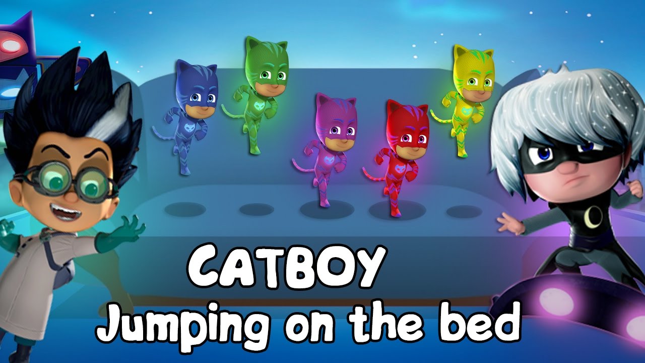 5 little Colorful CATBOY PJ Masks Jumping on the bed | Five little ...